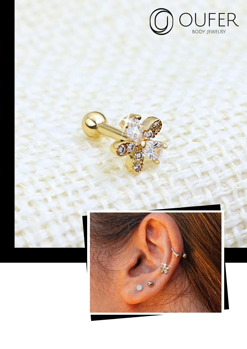 OUFER 16G Cartilge Stud Earrings, 9K Solid Gold Helix Piercing Jewelry, Clear CZ Tragus Daith Conch Forward Helix Body Ear Piercing Jewelry For Women And Men