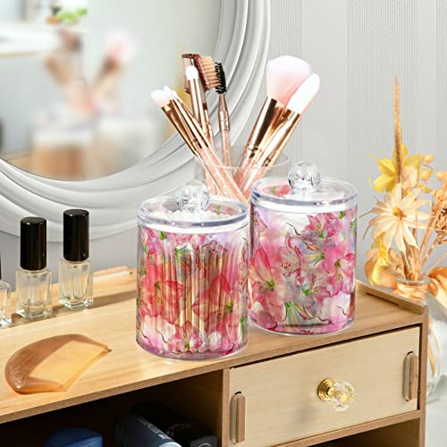 xigua 2 Pack Amaryllis Flowers Pink Apothecary Jars with Lid, Qtip Holder Storage Containers for Cotton Ball, Swabs, Pads, Clear Plastic Canisters for Bathroom Vanity Organization (10 Oz)