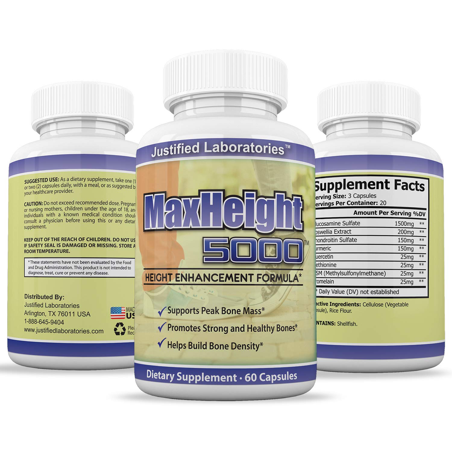 Justified Laboratories MaxHeight 5000 Height Enhancement Bone Growth Formula 60 Capsules 2 Bottles