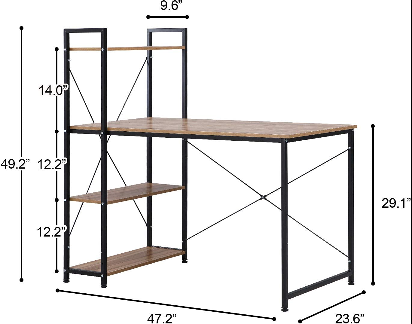 Livinia 47" Modern Computer Home Office Study Desk with Shelves, Small Simple PC Table Metal Frame, Black