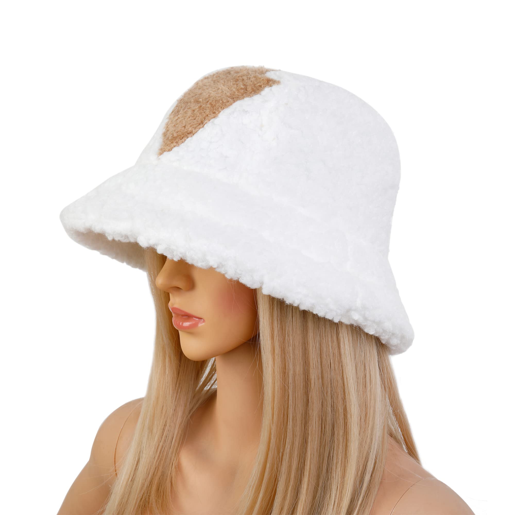Mimfutu Winter Furry Bucket Hat for Women Men, Warm Fluffy Fuzzy Bucket Hats (Smile White)