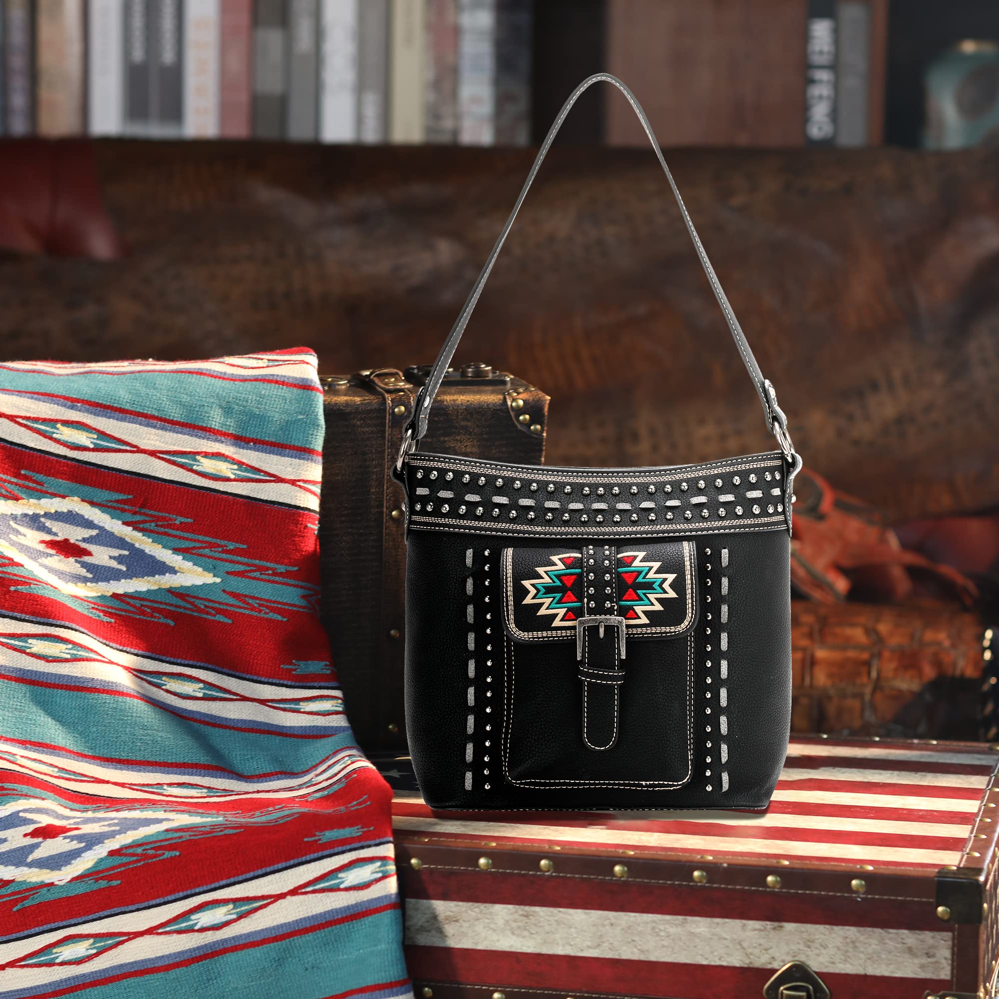 Montana West Aztec Collection Hobo Purses for Women Western Shoulder Bag with Wallet MW1123G-918BK+W