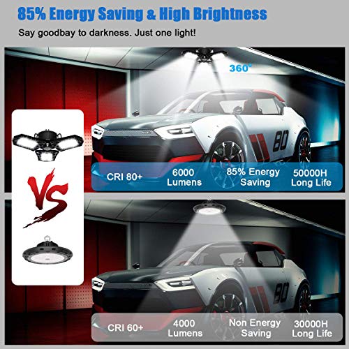 LED Garage Light, 60W Collapsable Garage Ceiling Lights 6000 Lumens, CRI 80 Shop Light for Garage, Tribright Mining Lamps with 3 Adjustable Panels, LED Light Bulbs for Basement Warehouse Etc.(1 Pack)