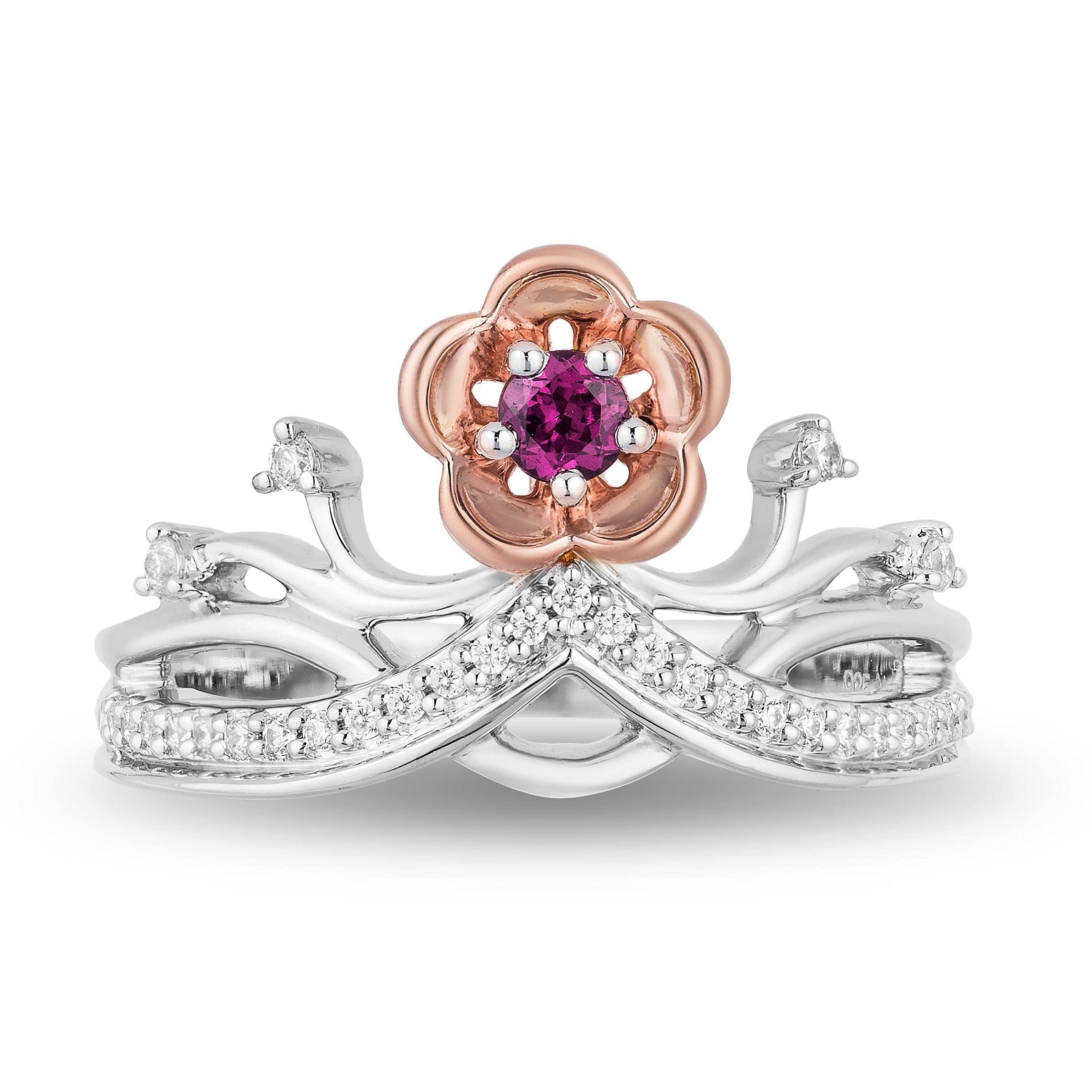 Jewelili Enchanted Disney Fine Jewelry 14K Rose Gold over Sterling Silver 1/7 CTTW Diamond and Rhodolite Garnet Mulan Tiara Ring Size 9