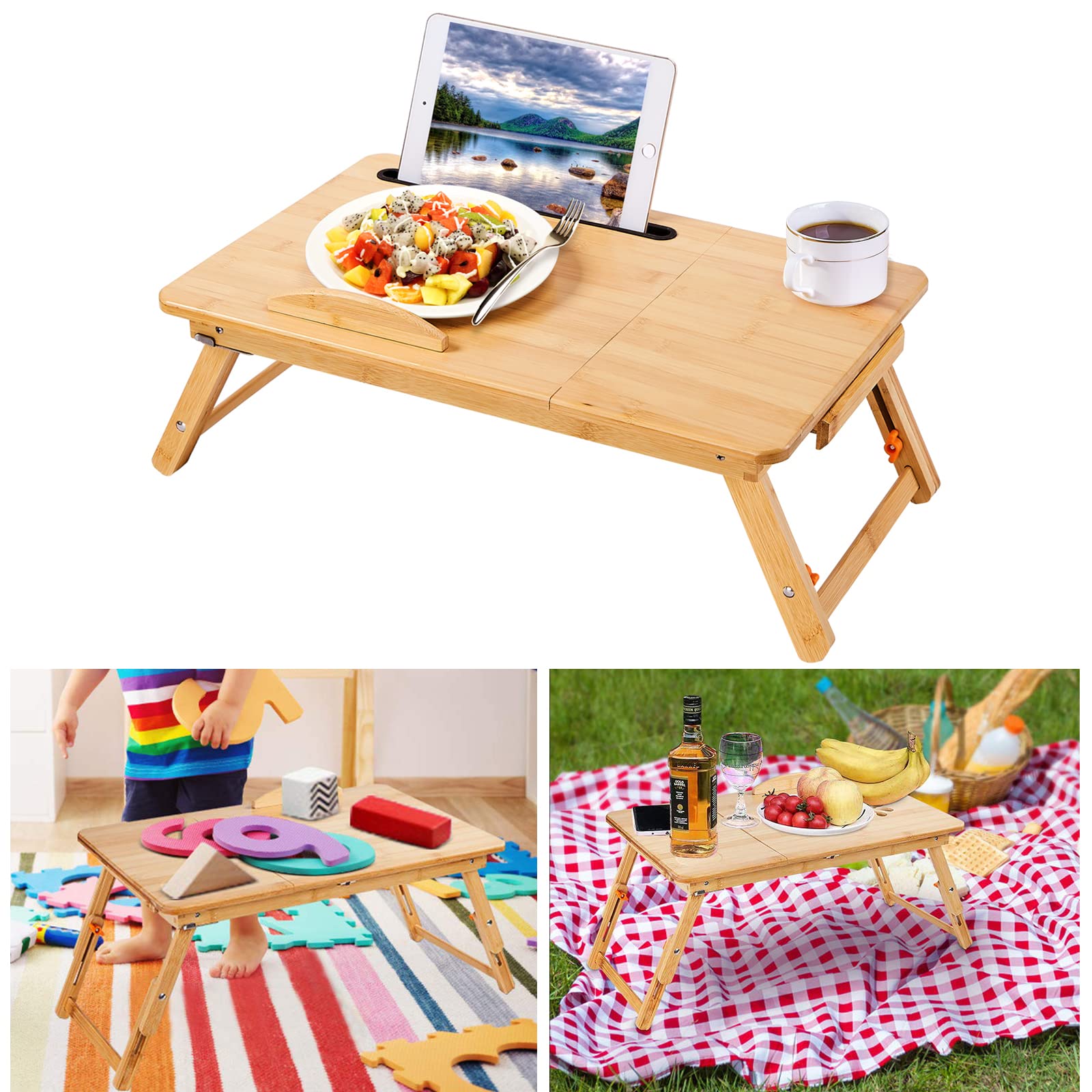 Lap Desk, DELAM Foldable Bamboo Laptop Bed Desk, Adjustable Height Breakfast Serving Bed Tray Table with Tilting Top Storage Drawer for Work Office Bedroom Reading Writing Eating