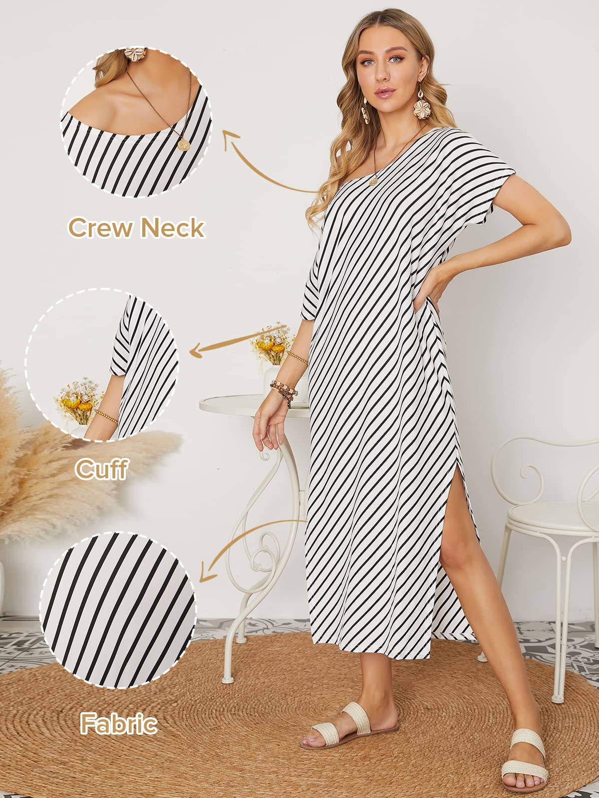 Kidsform Women Maxi Dress Striped Irregular Long Dresses Casual Loose Kaftan Round Neck Sundress B-Stripe S