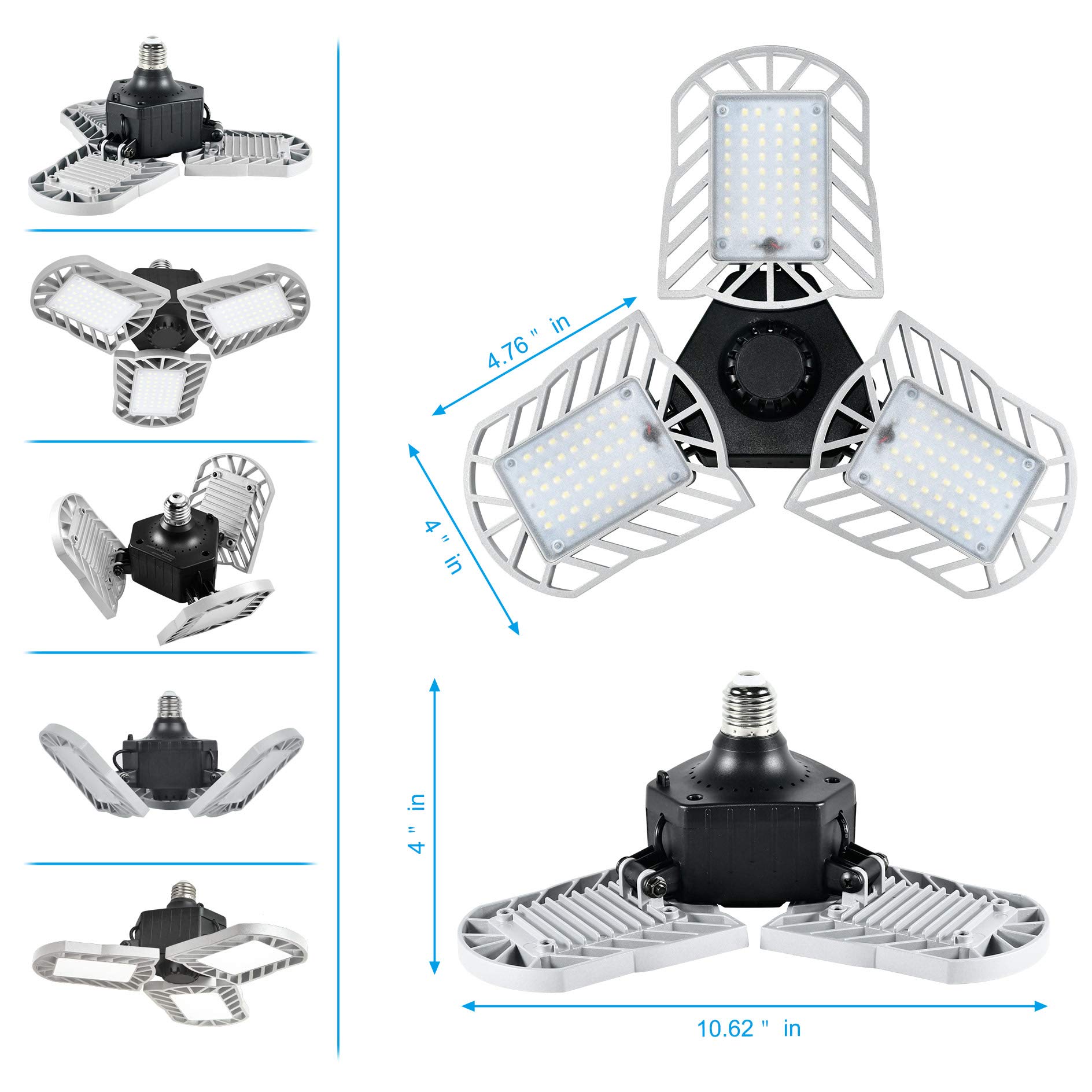 LED Garage Light - Bright Garage Ceiling Light Triple Light 6000K 6000LM E26 Deformable LED Shop Light with 3 Adjustable Aluminum Panels,Honesorn Garage Lamp for Warehouse (No Motion Activated)