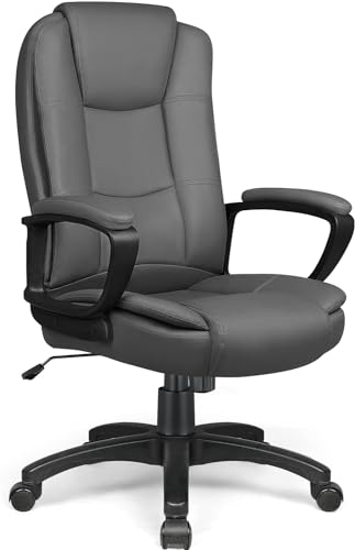 LEMBERI Office Desk Chair, Big and Tall Managerial Executive Chair, High Back Computer Chair, Ergonomic Adjustable Height PU Leather Chairs with Cushions Armrest for Long Time Sitting (Dark Grey)