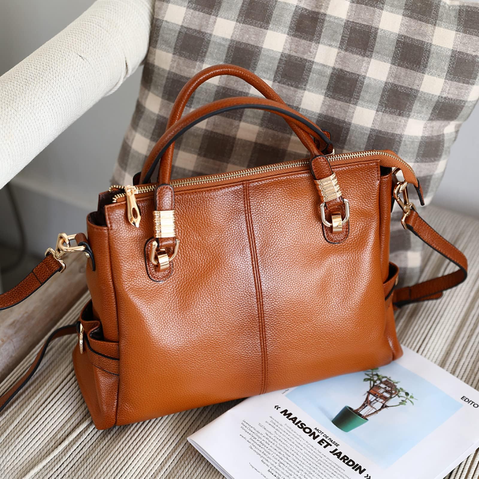 Kattee Women's Vintage Genuine Leather Tote Handbag Purse Crossbody Satchel Bag Soft Leather Shoulder Bag (Brown)