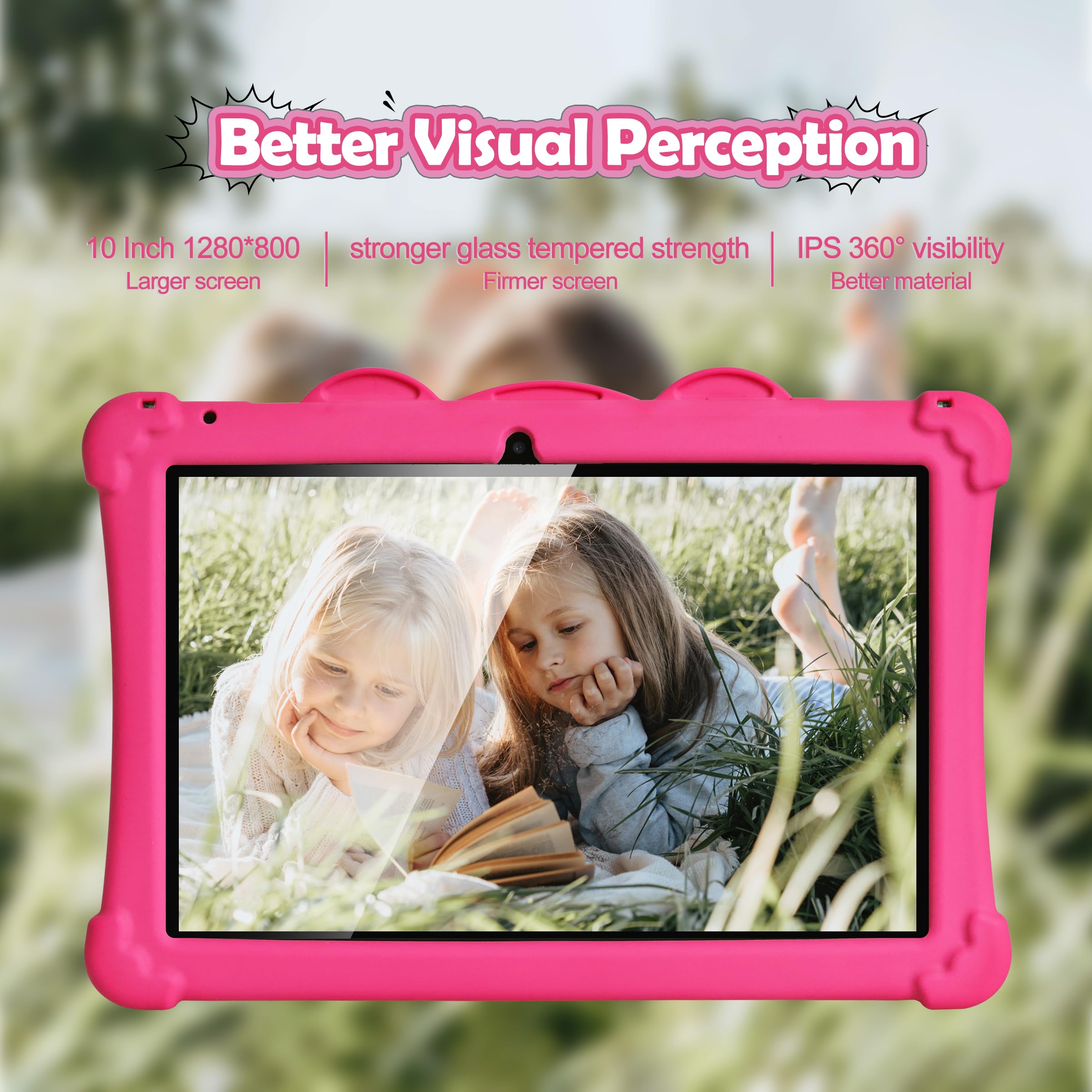 Kids Tablet, 10 Inch Tablet for Kids, IPS HD Display 1280 X 800 Android13 Toddler Tablet,Iwawa Kids Space Pre-Installed Parental Control Mode, Dual Camera, Google Services,6-12,Color Pink