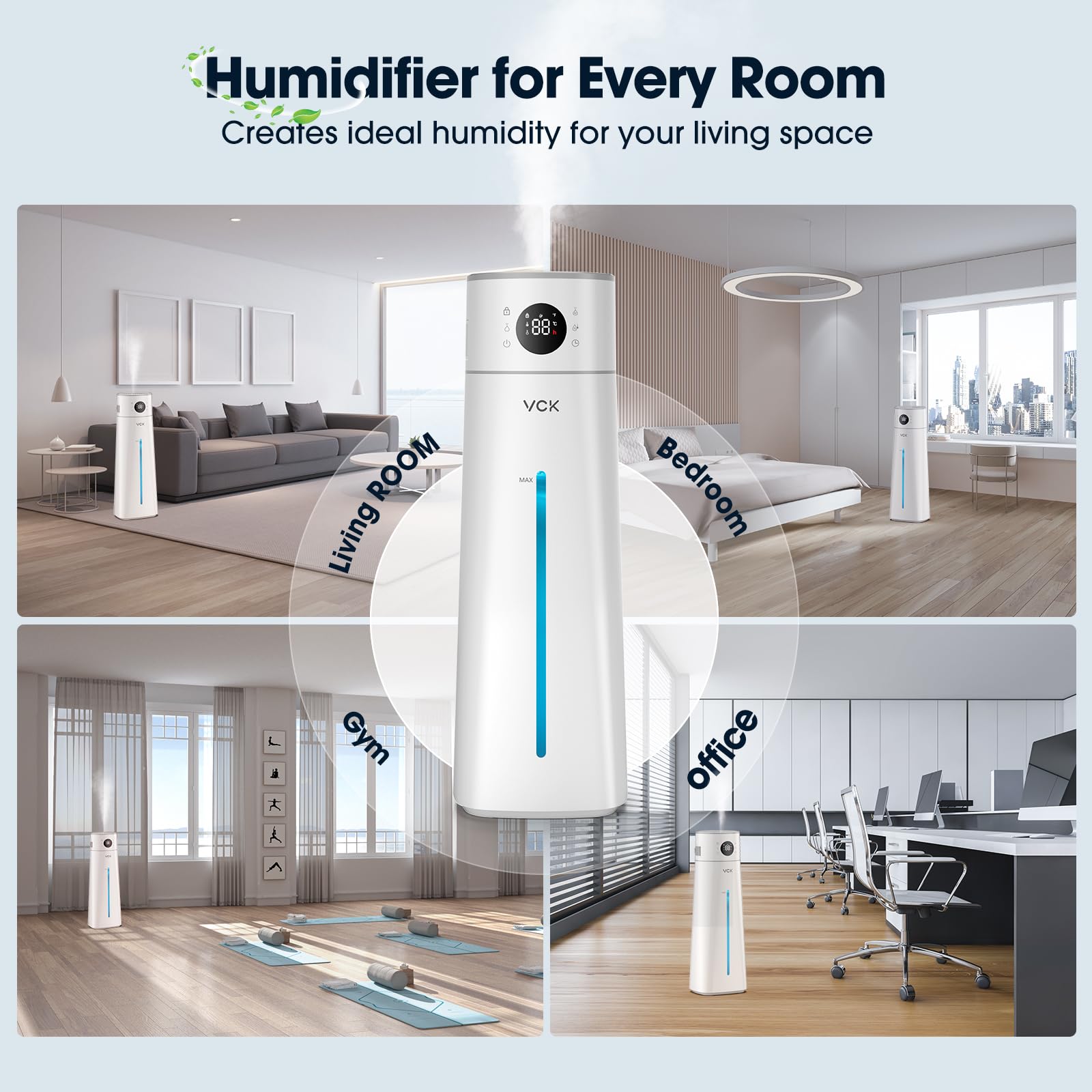 VCK 8L AI Smart Humidifier for Bedroom,Top Fill Cold Mist Humidifiers with 10 Adjustable Mist Levels, 50H Runtime, Auto Mode, 24H Timer, Whisper-Quiet Ultrasonic Humidifiers for Home Large Room Plant