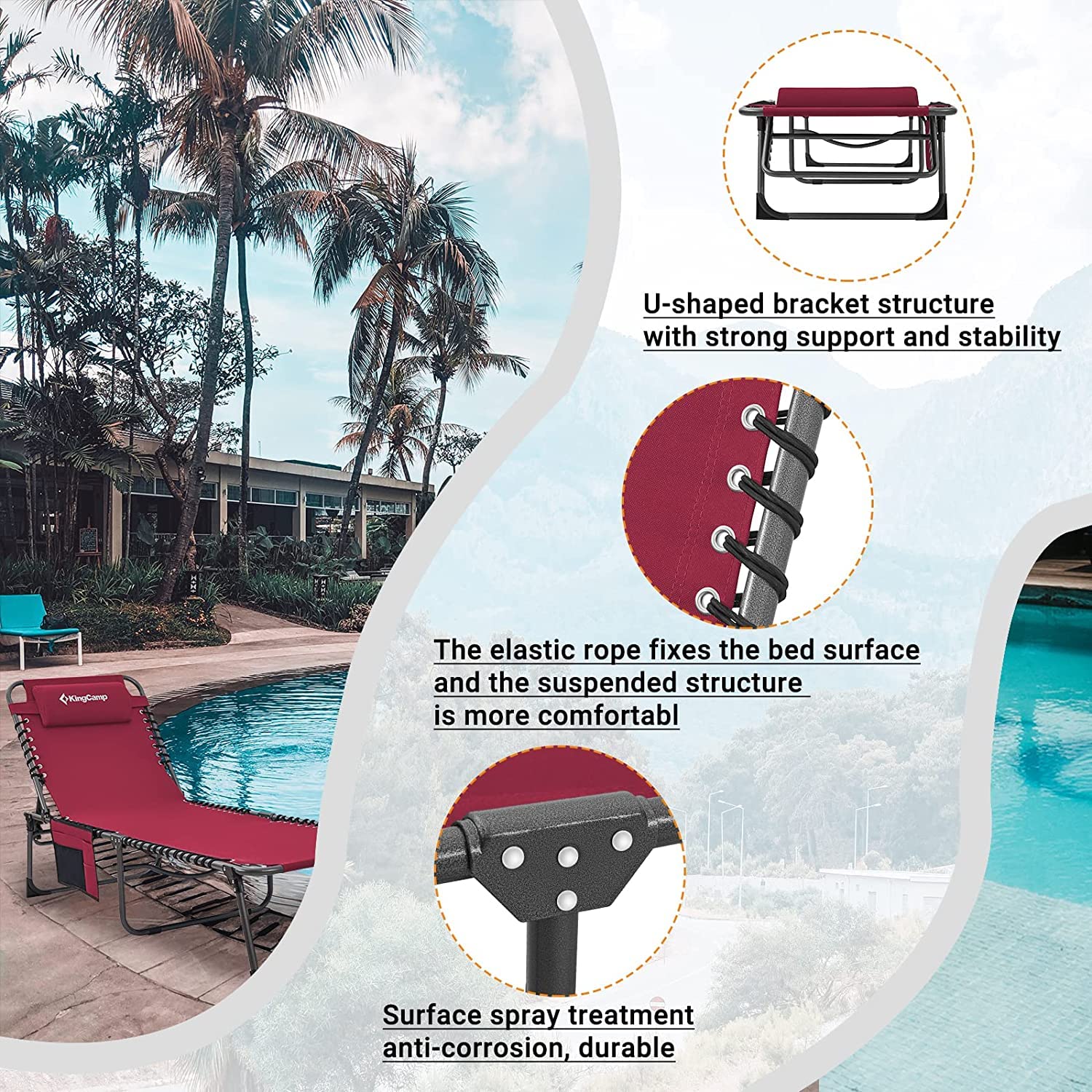 KingCamp Adjustable 5-Position Heavy Duty Folding Chaise Lounge Chair with Pillow Pocket, Portable Great for Outdoor Patio Lawn Beach Pool Sunbathing, Supports 264lbs(2 Pack)