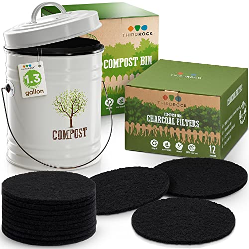 Third Rock - 1.3 Gallon Farmhouse Kitchen Compost Bin - White - with 3 Years Supply of Charcoal Filter Replacements