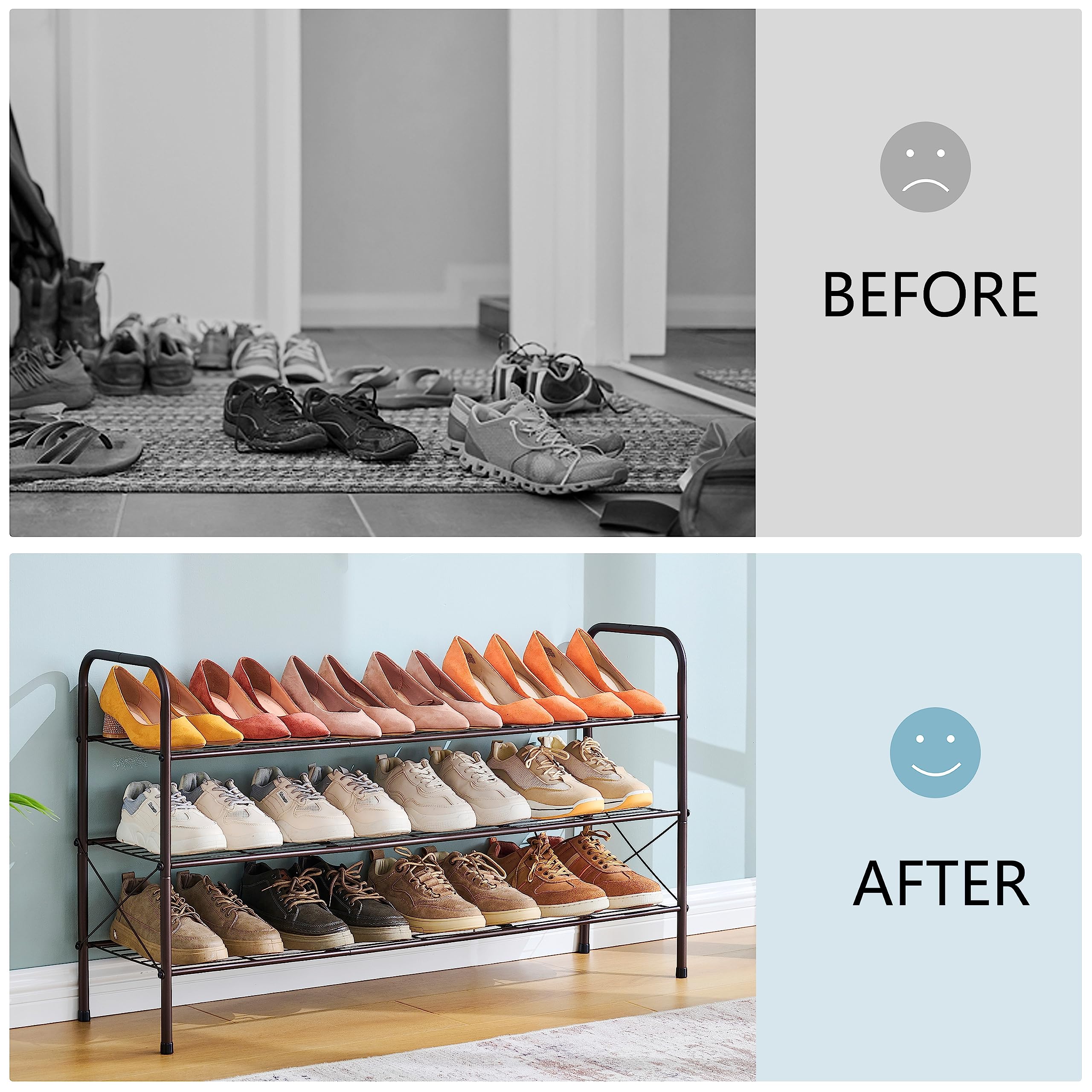 Hoctieon 3 Tier Durable Mesh Style Shoe Rack, Entryway Shoe Shelf, Shoe Rack FreeStanding, Shoe Storage Organizer, Shoe Rack for Closet, Brown