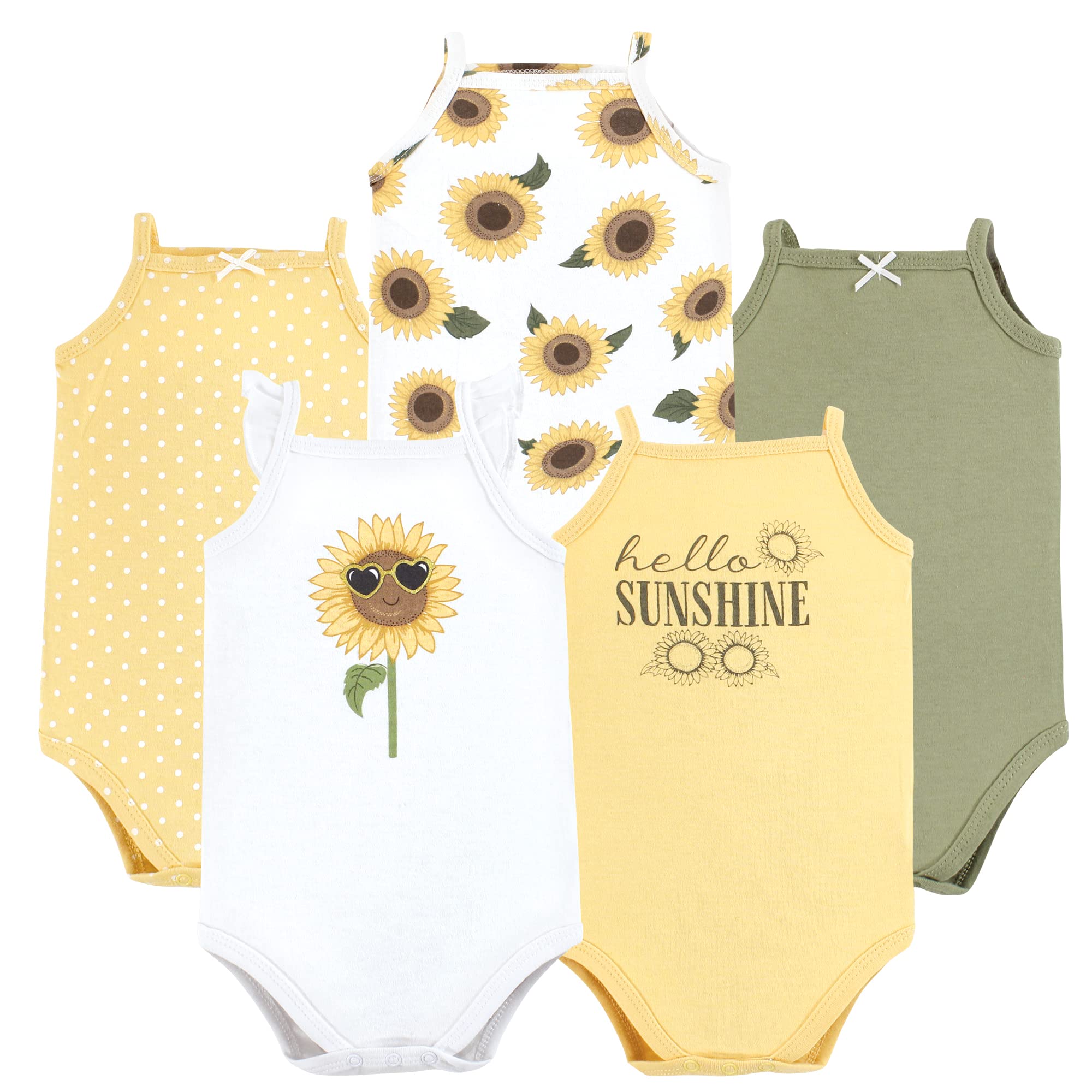 Hudson Baby Unisex Baby Cotton Sleeveless Bodysuits, Sunflower, 9-12 Months