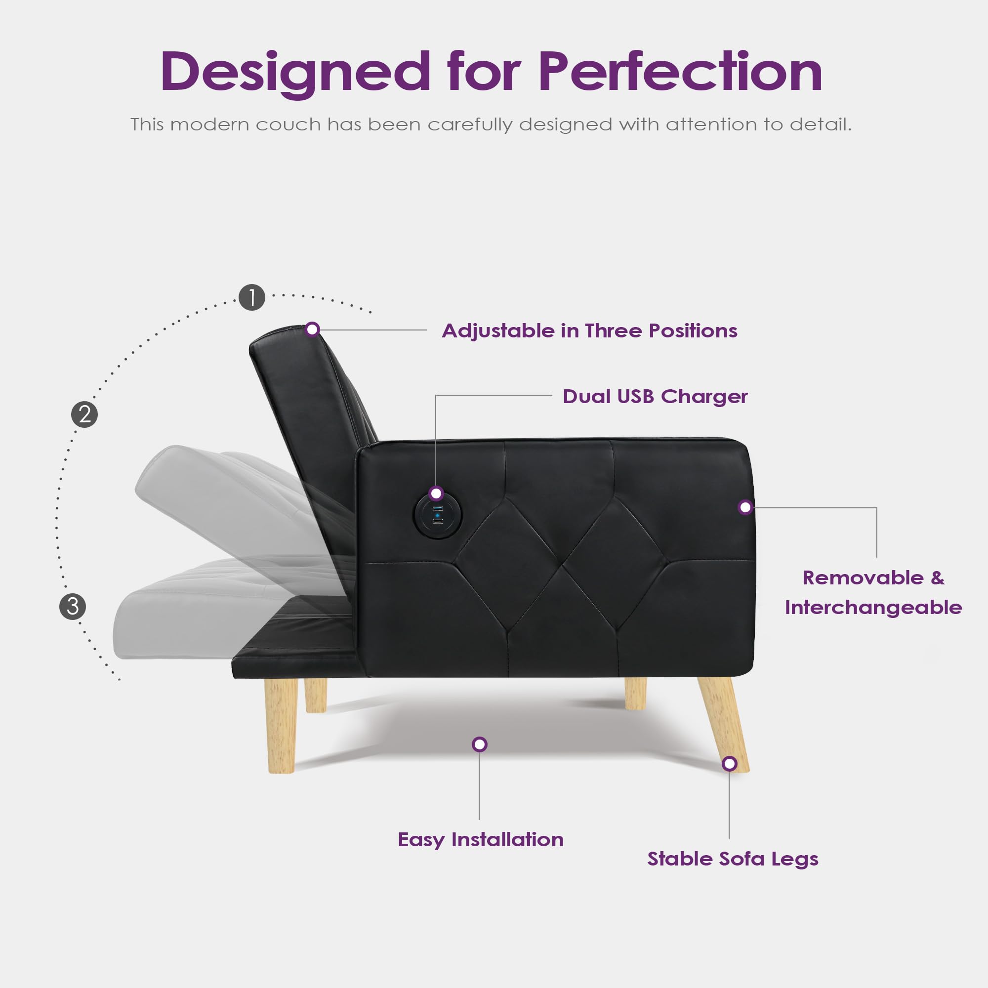 TYBOATLE 65“ Sofa Bed w/ 2 USB,Convertible Futon Tufted Small Adjustable Folding Couch Loveseat, Modern Mid Century Faux Leather Sleeper Sofa for Living Room,Bedroom,Apartment,Office (Black) (Black)