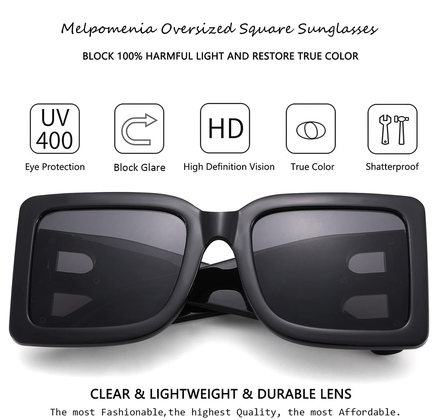 Melpomenia Trendy Oversized Square Sunglasses for Women Men Fashion Black Thick Big Frame Luxury Designer Sun Glasses (Black/Grey/Black Character)