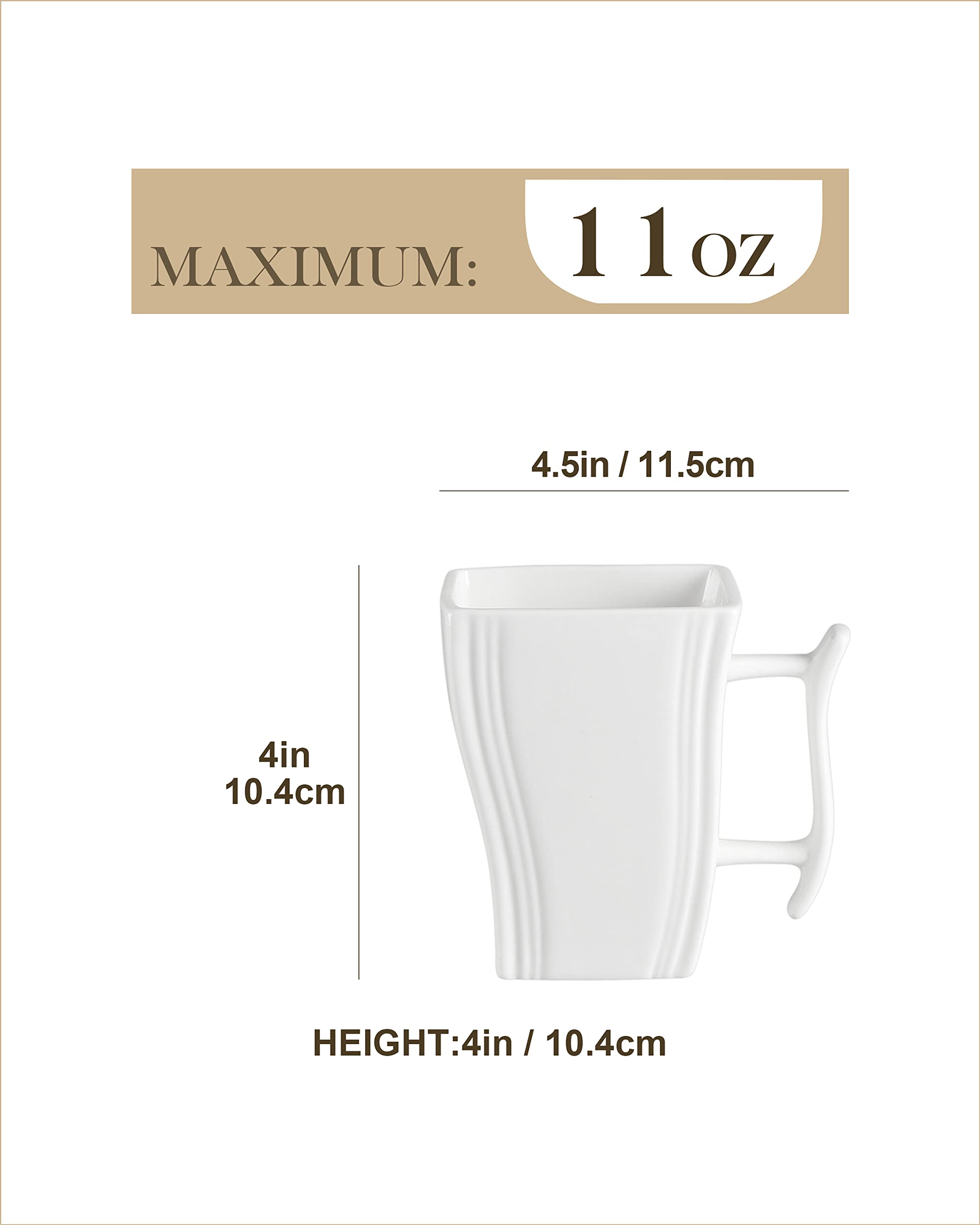 MALACASA Coffee Mugs, Porcelain Mug Set of 6, Square 11 oz White Coffee Cups with Handles for Man Woman, Modern Ceramic Mugs Set for Coffee, Latte, Cappuccino, Tea, Milk, Mocha, Cereal, Series FLORA