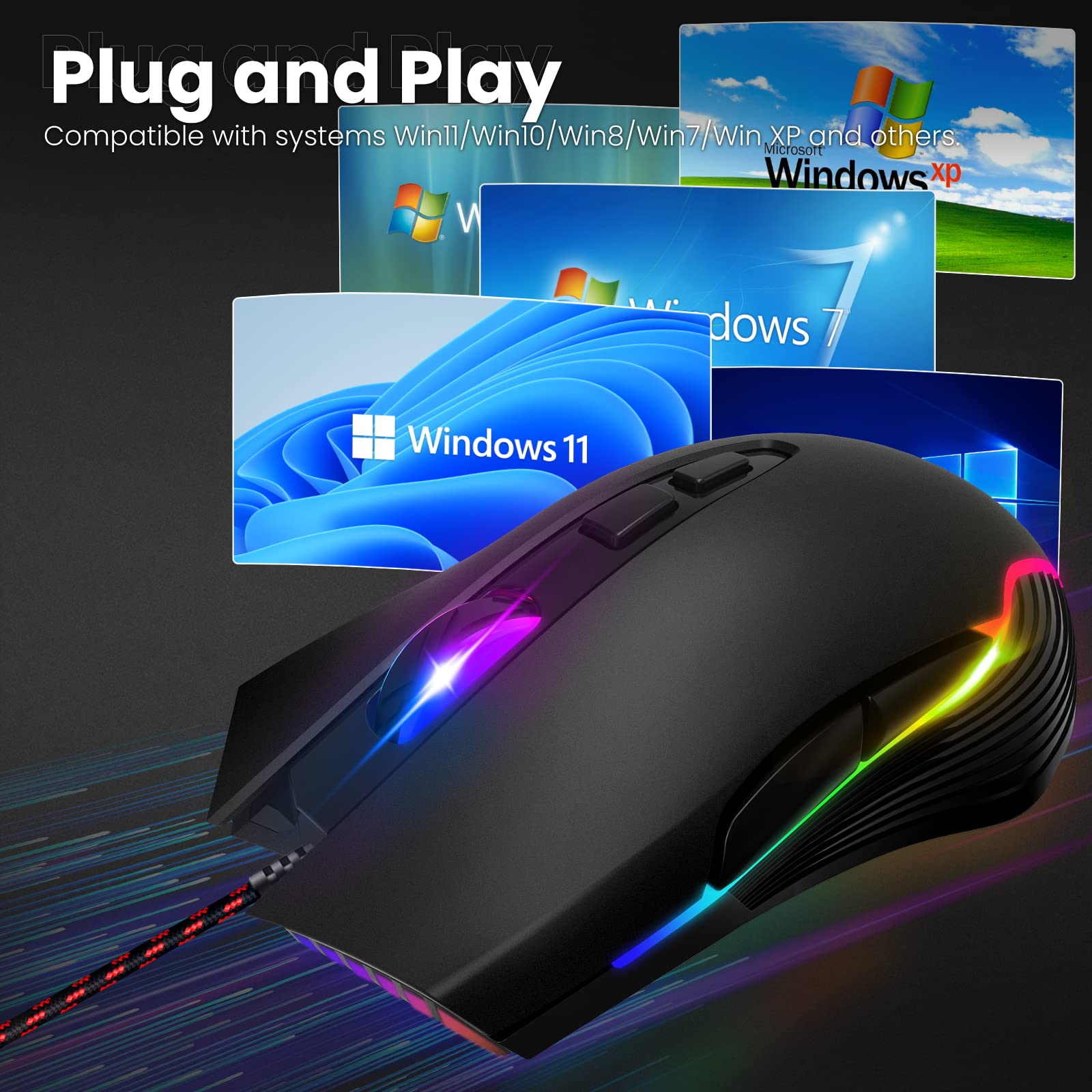 RIIKUNTEK Gaming Mouse Wired, Computer Mouse with 7 Programmable Buttons(One-key Fire/Desktop), 7200 DPI, 12 Backlits, Ergonomic Optical USB Game Mouse with Side Buttons for PC, Laptop Black