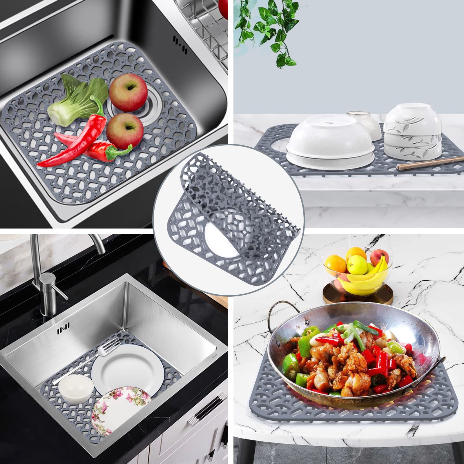 Silicone Kitchen Sink Mat MOSTWOGO-2 Pack Sink Protector for Bottom Kitchen Sink Stainless Steel,No-Slip Scratch-Resistant Sink Grid Grate Accessories(Rear Drain,Grey,13.58'' x 11.6'')