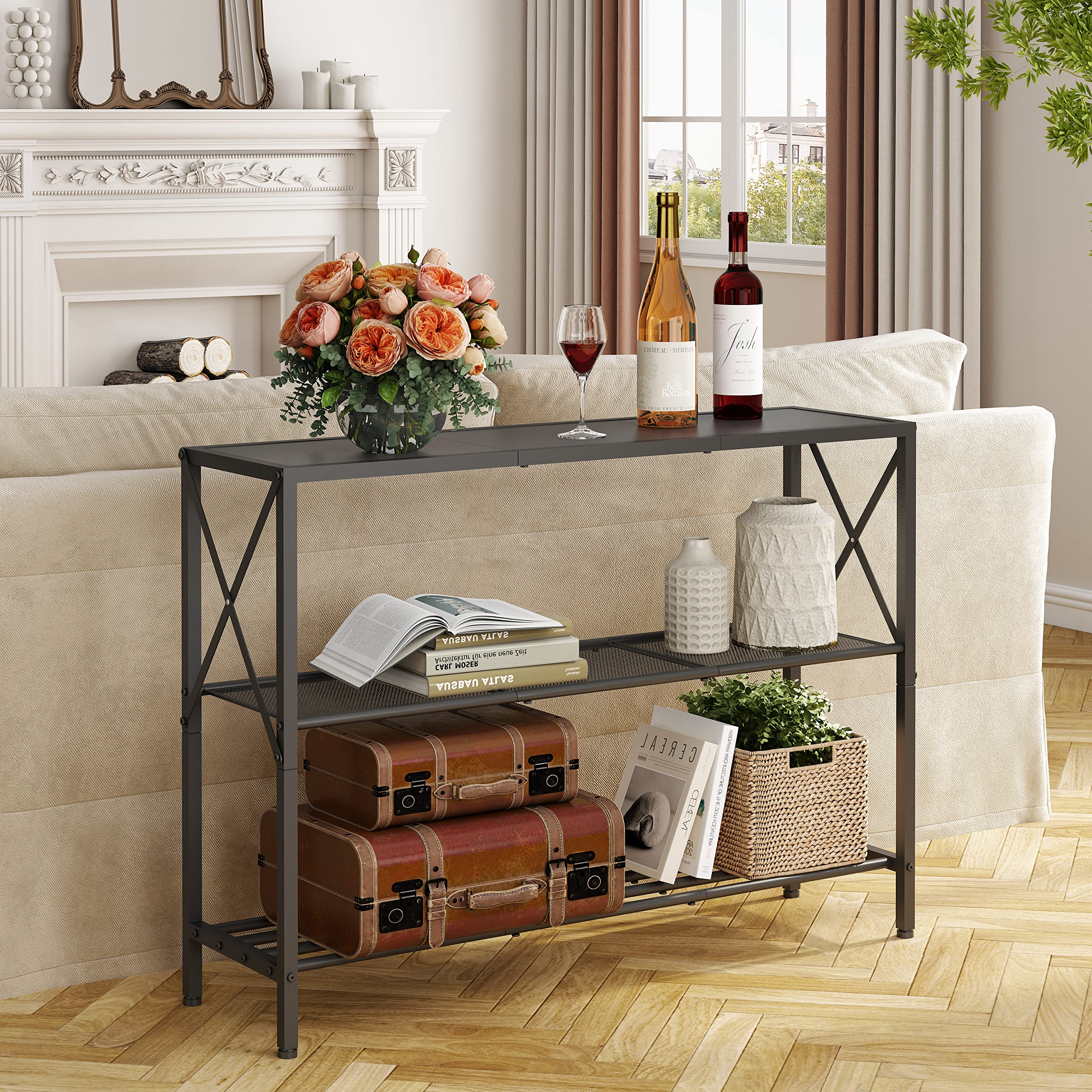 Hoctieon Gold Console Table, 3 Tier Entryway Table, Hallway Table, Narrow Sofa Table with Shelves, Entrance Table for Entryway, Gold and White