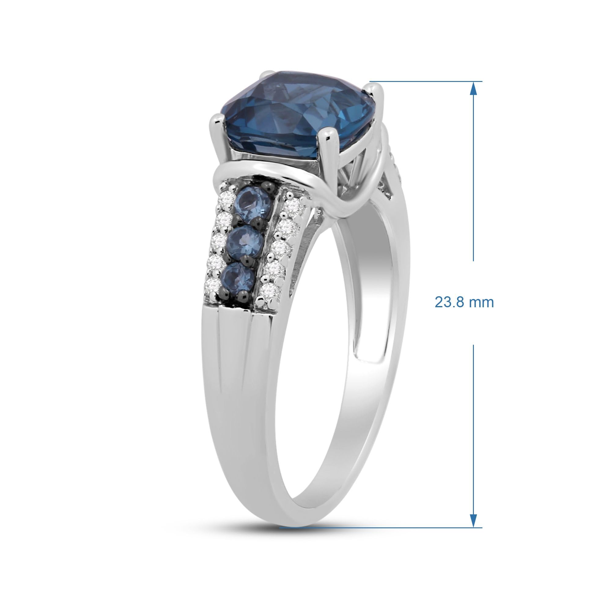 Jewelili Sterling Silver 8x8 MM Cushion and Round Cut London Blue Topaz with Round Created White Sapphire Ring, Size 7