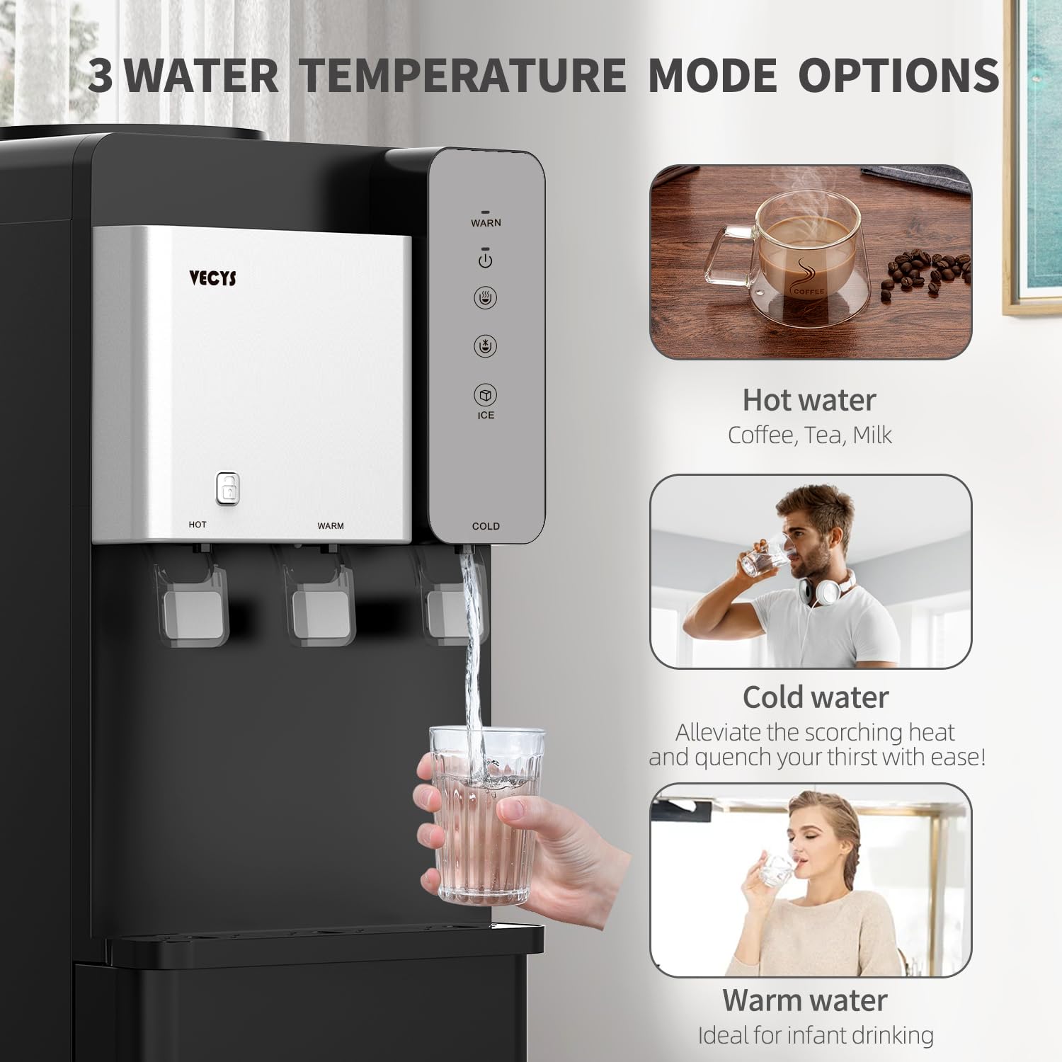 VECYS Water Dispenser Cooler with Ice Maker, 27LBS Daily Ice Making and Hot Cold Water Supply, Child Safety Lock and Compatible with 3 or 5 Gallon Bottles, Ideal for Home and Office