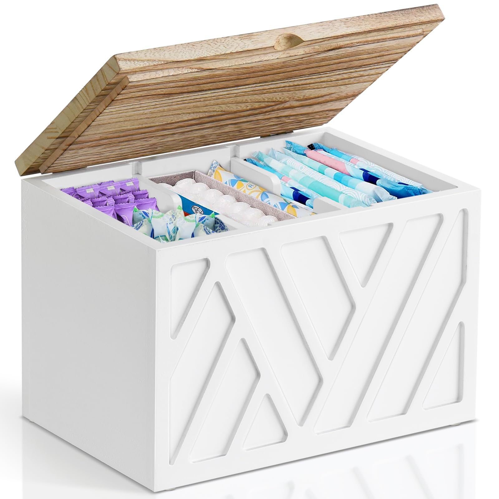 Tampon Holder for Bathroom Decor, Feminine Product Organizer with Lid, Shark Week Tampon Storage, Wood Pad and Tampon Organizer for Toilet Organizer, Bathroom Accessories Box for Girl Stuff