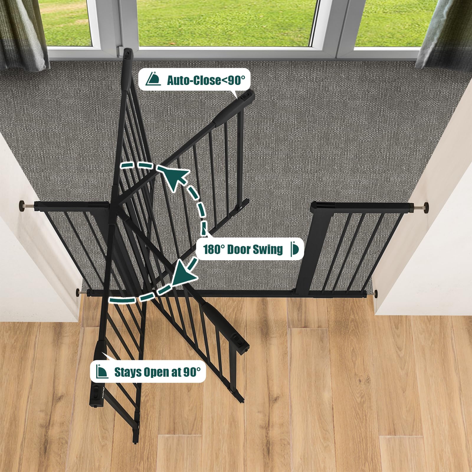 keny 30"-40.5" Baby Gate for Stairs, Auto Close Dog Gate with 21.1" Large Opening Walk Thru Door, Pressured Mounted Easy Install Pet Gate, 30" Tall, Grey