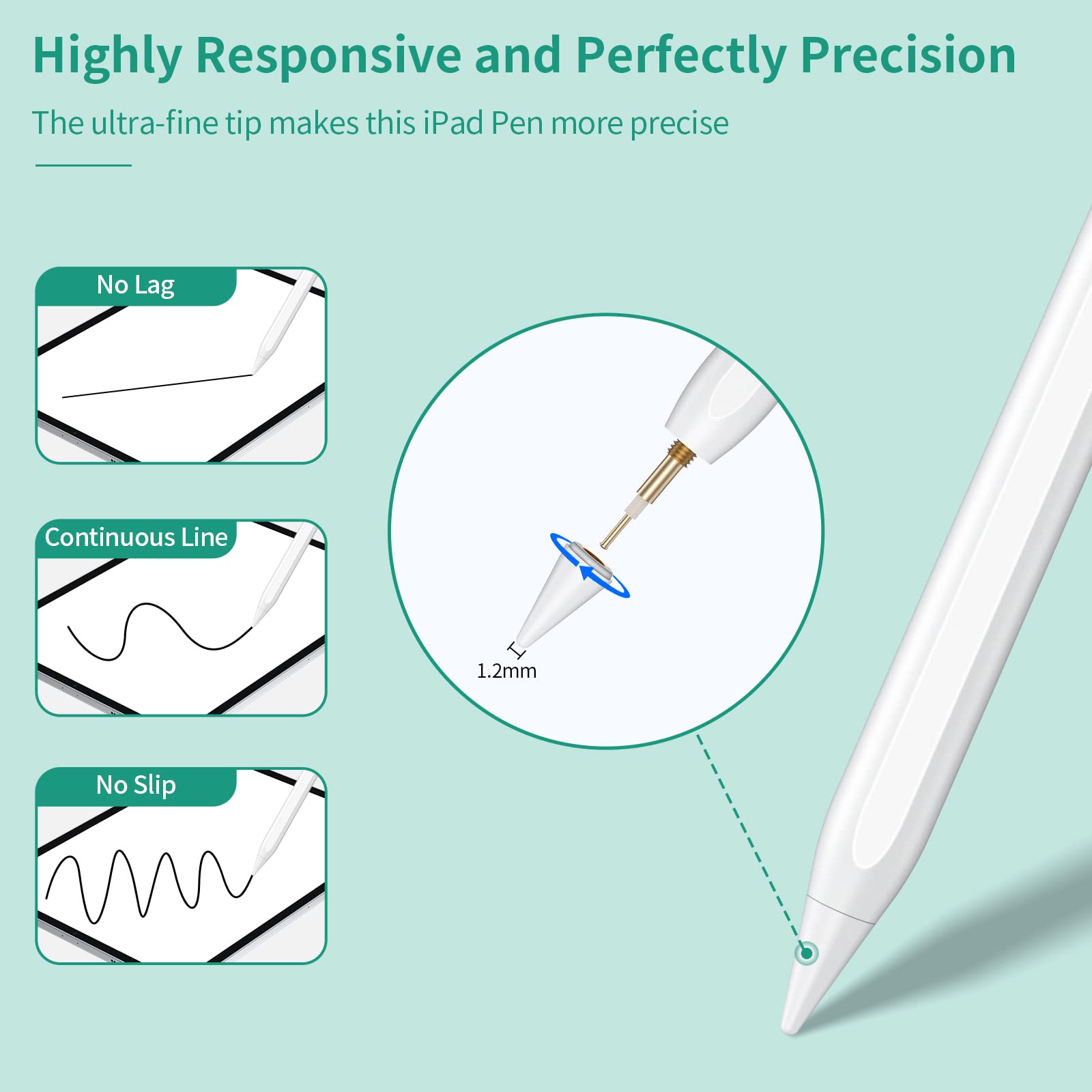 Stylus Pen for iPad, Active Pencil with Palm Rejection, Compatible with iPad 8th/7th/6th Gen, iPad Pro 11 & 12.9 inch, iPad Air 5th/4th/3rd Gen, iPad Mini