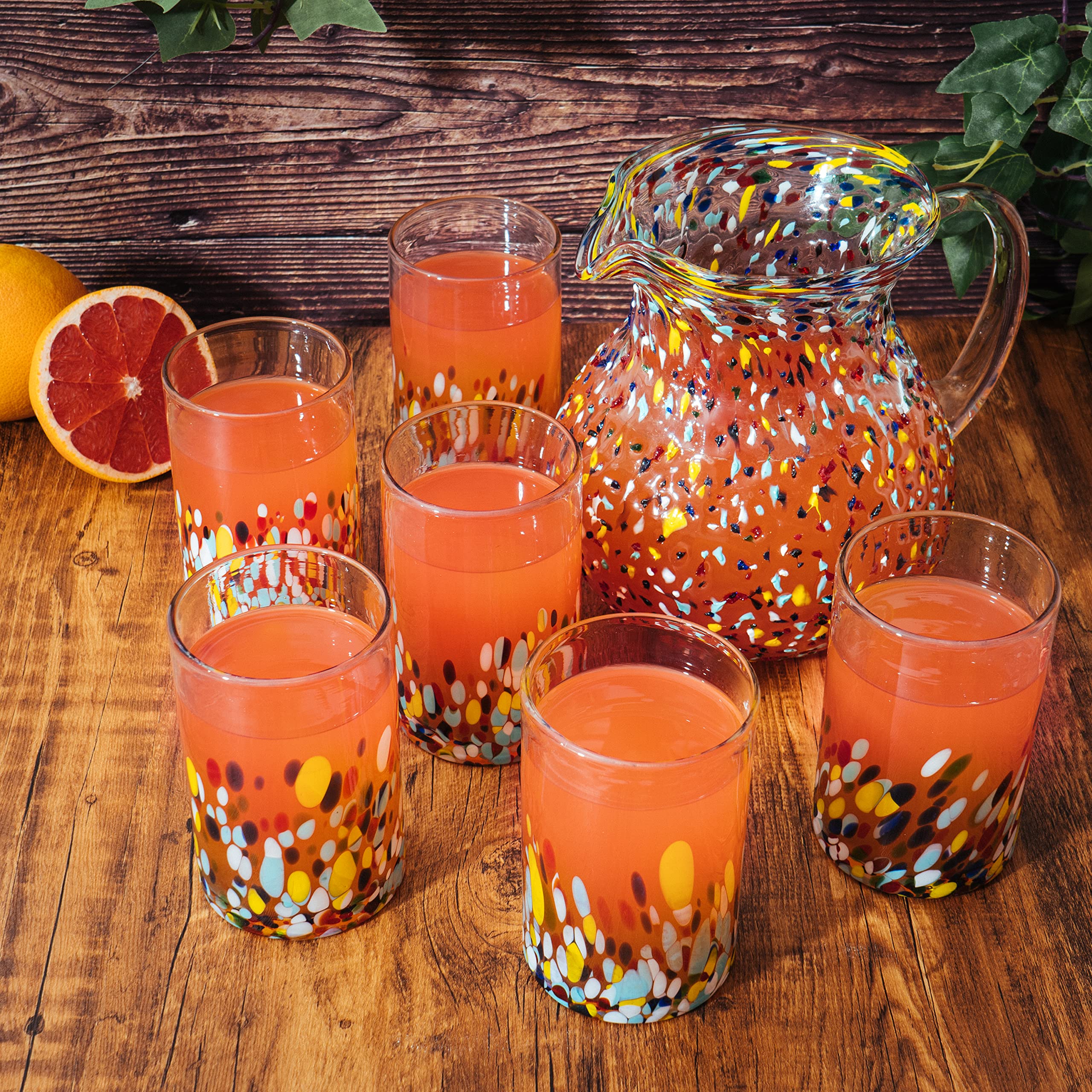 Mexican Confetti Drinking Glasses - Set of 6 - Confetti Rocks 16 oz Drinking Glasses, set of 6, Mexican Handmade Multicolor Glassware, Recycled Glass, Lead & Toxin Free, Dishwasher Safe Glassware