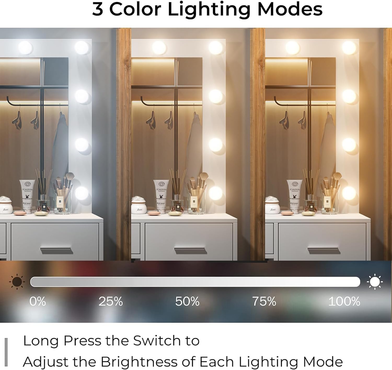Yanosaku Vanity Desk with Power Outl,Makeup Table with Lighted Mirror, 3 Color Lighting Modes, Brightness Adjustable, Dressing Table with Drawers, Vanity Table Set for Women, Girls, White