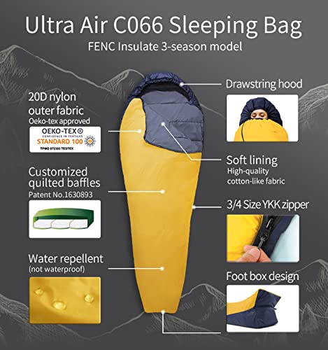 Litume 1.25lbs, 68°F to 48°F Sleeping Bag, Backpacking Lightweight for Adults, Summer Backpacking Sleeping Bag, Compact Foldable Insulating Mummy Bag and Stuff Sack for Compact Camping Hiking (Golden)