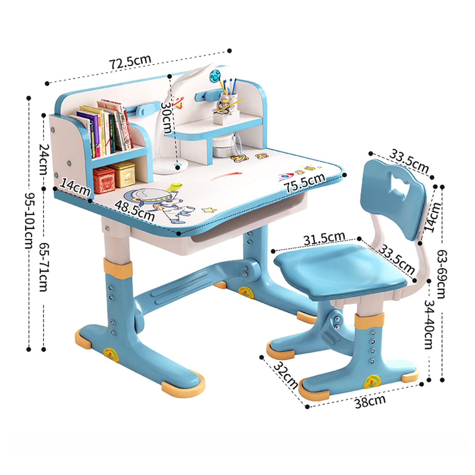 Kid Desk, Desk and Chair Set, Study Desk, Children Table and Chair Set, Widened Desktop with Tilt Book Stand Drawer Cartoon Pattern Height Adjustable School Study Desk Set for Boys Girls (3-5 days)