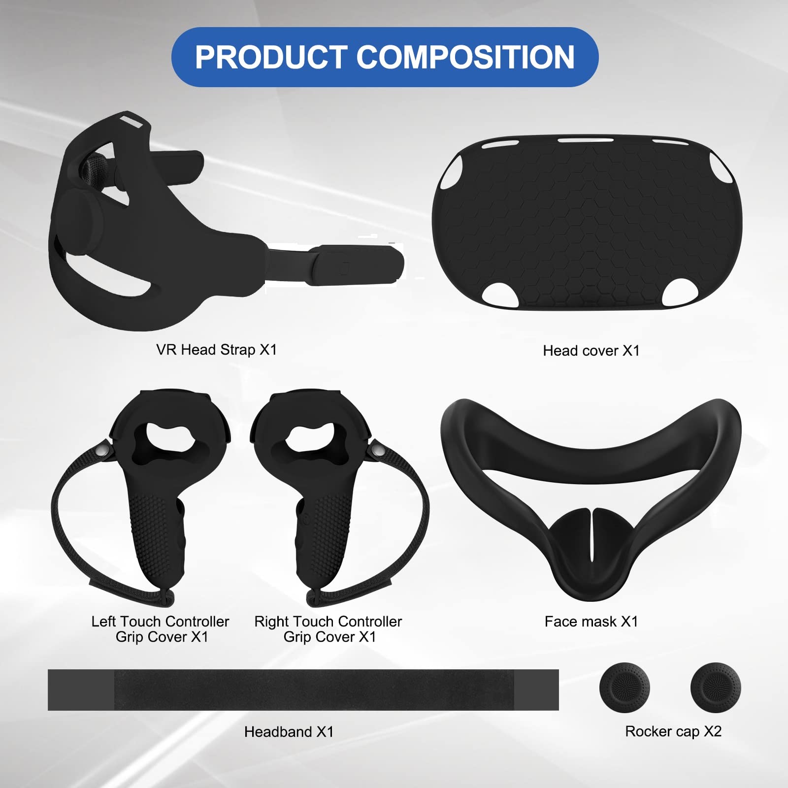 MASiKEN 6-in-1 Accessories Compatible with Meta/Oculus Quest 2 - Head Strap Replace Kit, Front Shell Cover,Face Pad,Grips Cover, Reduce Face Pressure Enhanced Comfort in VR (Black)