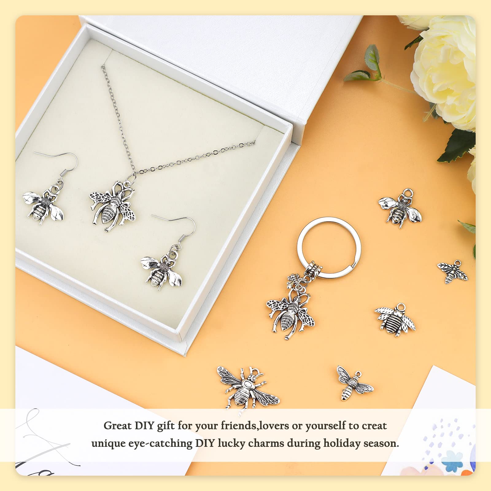 JIALEEY 81PCS Alloy Bee Honeybee Charms Antique Tibetan Silver Bee Charms Pendants DIY for Necklace Bracelet Earrings Jewelry Making Crafting