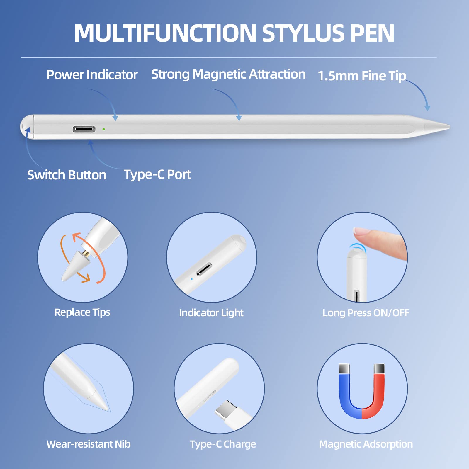 Stylus Pen for iPad, Apple Pencil with Palm Rejection, Compatible with (2018-2022) Apple iPad Pro (11/12.9 Inch), iPad Air 3rd/4th Gen, iPad 6/7/8th Gen, iPad Mini 5th Gen, for Precise Writing/Drawing