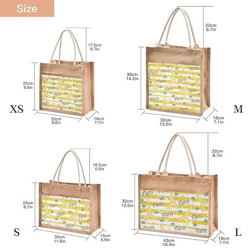 Jute Burlap Tote Bag Valentine's Day Love Paris Eiffel Tower Striped Kiss Lip Yellow Large Capacity Reusable Grocery Shopping Storage Bag