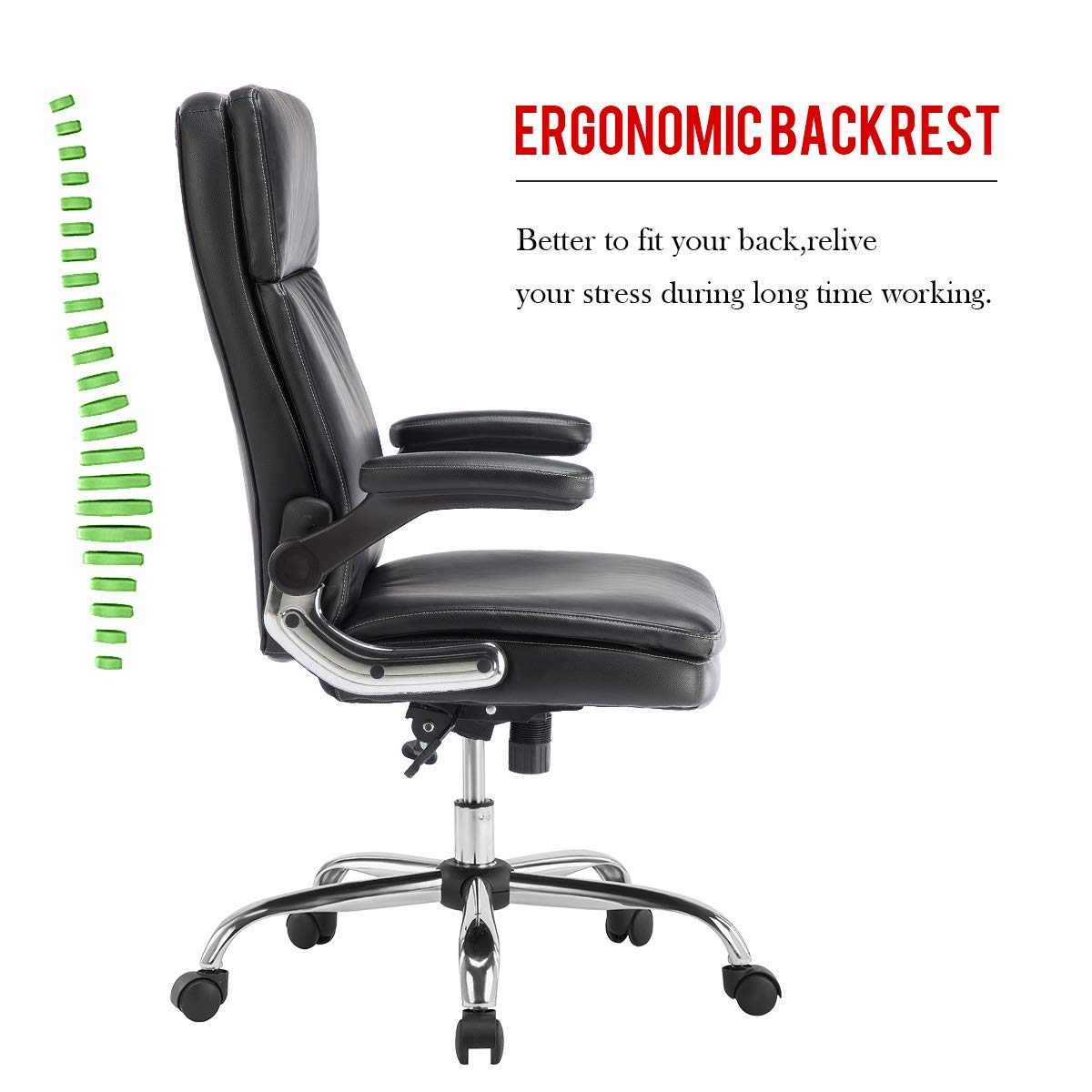 KERMS Executive Office Chair PU Leather Desk Chair with Lumbar Support and Flip Up Arms, High Back Office Chair Adjustable Recline Locking, Black