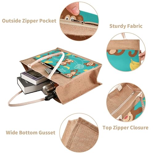 Jute Burlap Tote Bag Green Monkey Banana Palm Leaves Tropical Cute Animal Large Capacity Reusable Grocery Shopping Storage Bag
