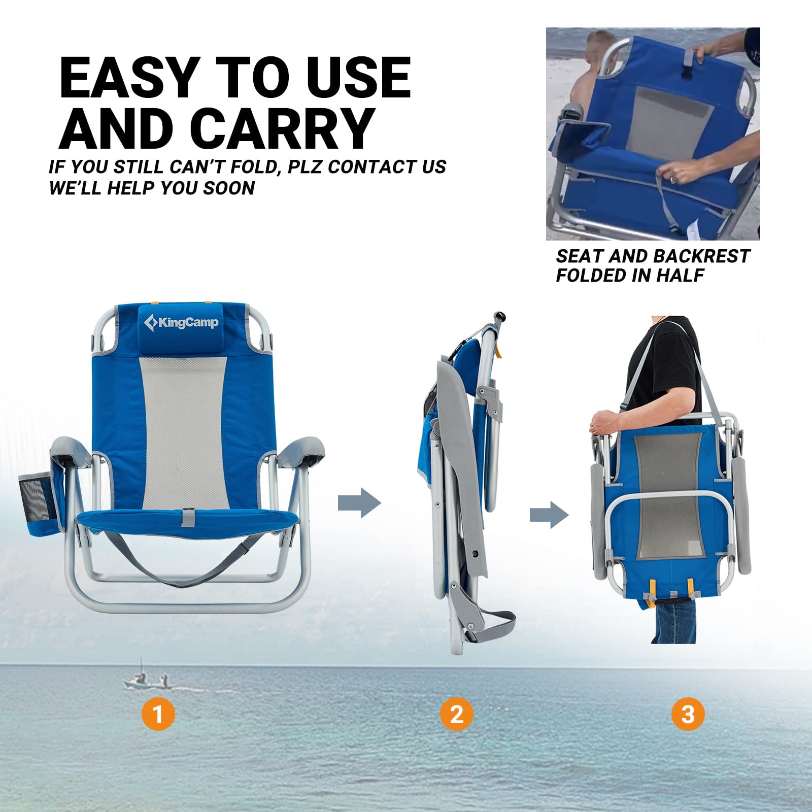 KingCamp Elastic 3 Aluminium Backpacking, Reclining Low Profile Sitting Beach Chair with headrest,Straps,Cup Holder for Outdoor Picnic Concert Travel Festival, One Size, Adjustable Back-1 Pack