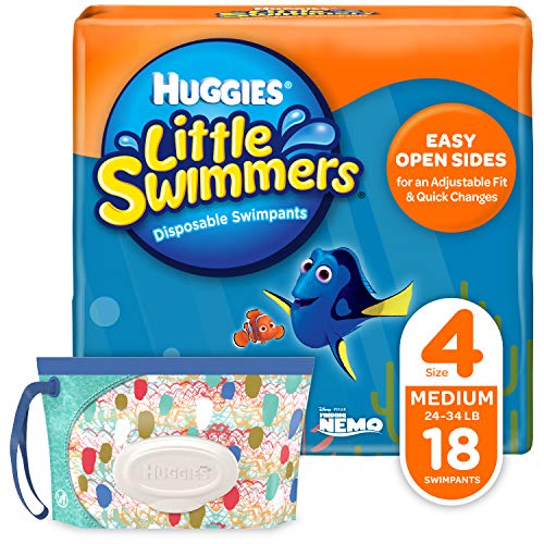 Huggies Little Swimmers Disposable Swim Diapers, Swimpants, Size 4 Medium (24-34 Pound), 18 Count, with Huggies Wipes Clutch 'N' Clean Bonus Pack (Packaging May Vary)