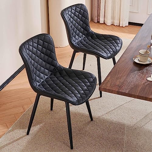 YOUTASTE Black Dining Chairs Set of 2 Mid Century Modern PU Leather Diamond Upholstered Accent Guest Breakfast Dinner Chair with Back Metal Legs for Kitchen Living Reception Waiting Room