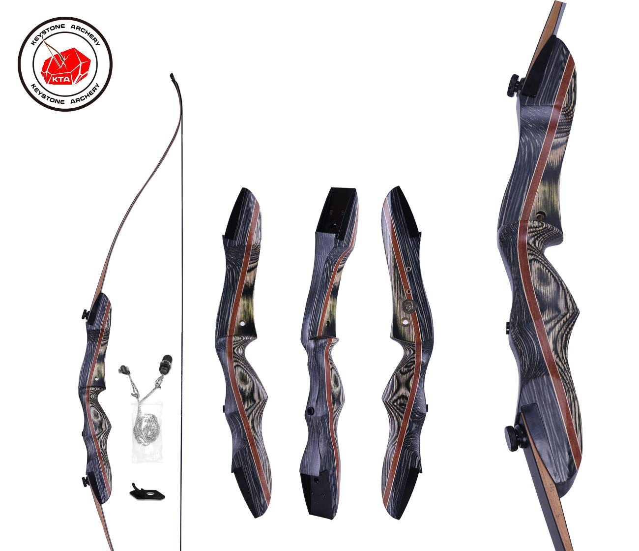 Keystone Traditional Archery Takedown Recurve Bow 62” Hunting Bow - Draw Weights in 20-60 lbs - Wooden Bow with Stringer Tool for Beginner to Intermediate User (40lb, Right Hand)
