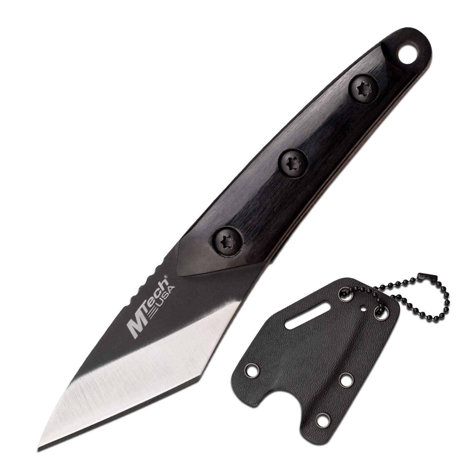 MTech USA – Fixed Blade Knife – Neck Knife - Black and Satin Finish Stainless Steel Blade w/Black Wood Handle, Full Tang, Kydex Sheath - Hunting, Camping, Survival, EDC – MT-20-93B