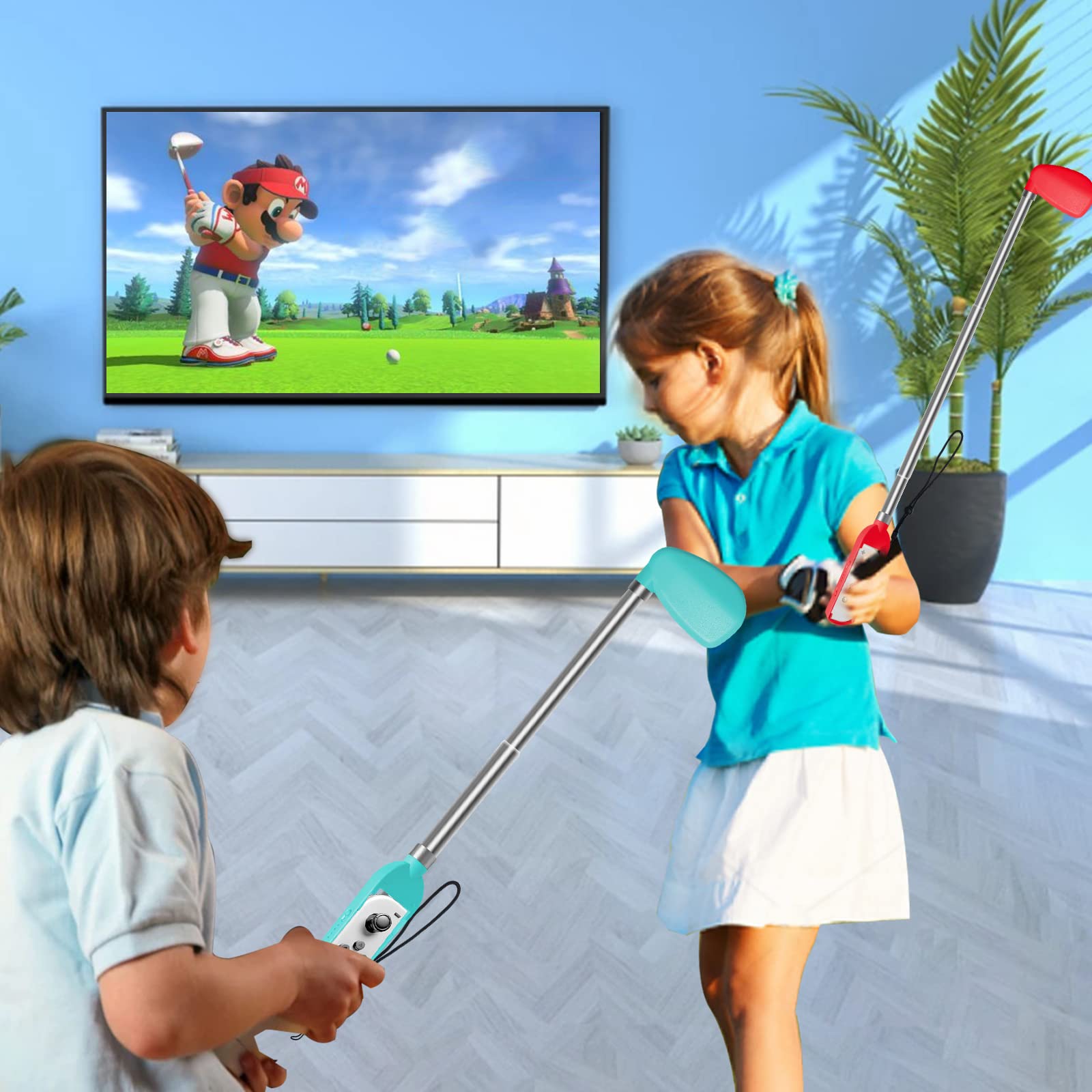 Mario Golf Clubs for Switch/Switch OLED, Adjustable Golf Club for Switch Pressed ZL&ZR with Hand Strip for Controller, Golf Club for Switch Sprots Mario Golf Super Rush 2021 - Red & Blue