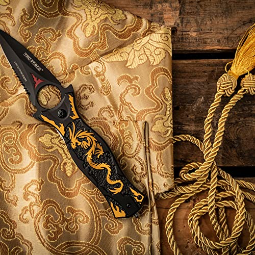 TAC FORCE Spring Assisted Folding Knife – Black Partially Serrated Blade, Black Aluminum Handle w/ Gold Dragon Design, Glass Punch and Pocket Clip, Tactical, EDC, Rescue - TF-707GD