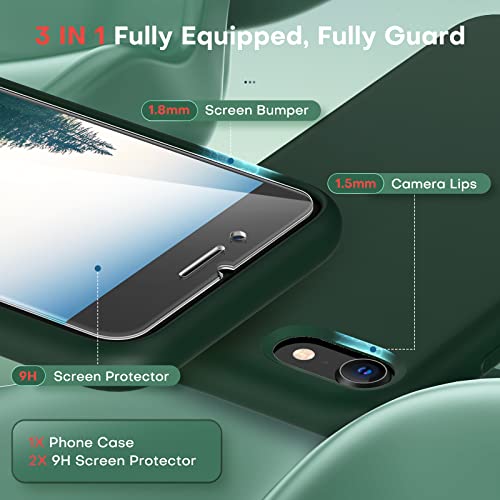 TOCOL 3 in 1 for iPhone SE Case 2020/2022, iPhone 8/7 Case, with 2 Pack Screen Protector, Slim Liquid Silicone Shockproof Phone Case 4.7 Inch, [Anti-Scratch] [Drop Protection], Alpine Green