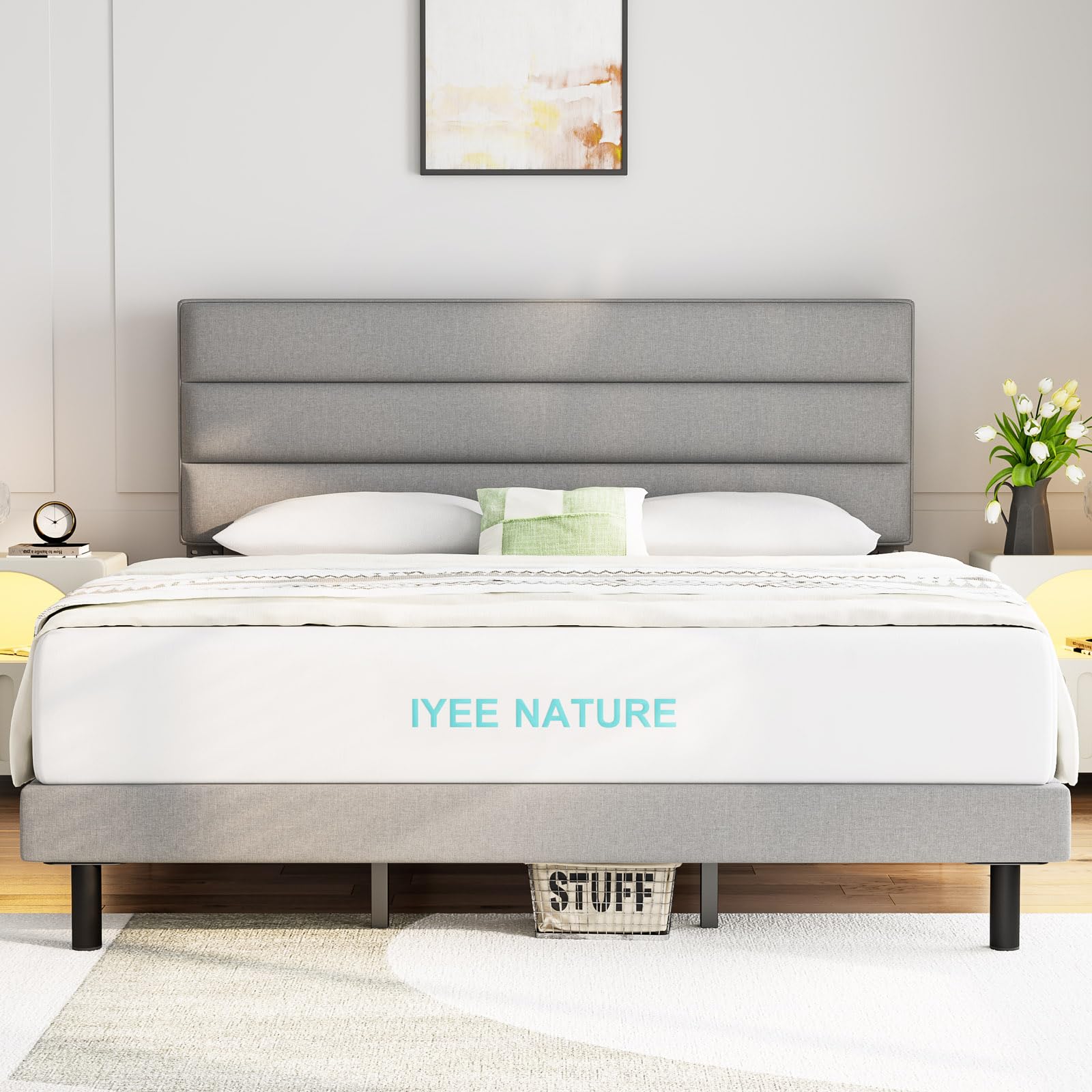 IYEE NATURE King Size Bed Frame with Headboard,Sturdy Platform Bed with Wooden Slats Support,No Box Spring,Mattress Foundation,Easy Assembly,Black