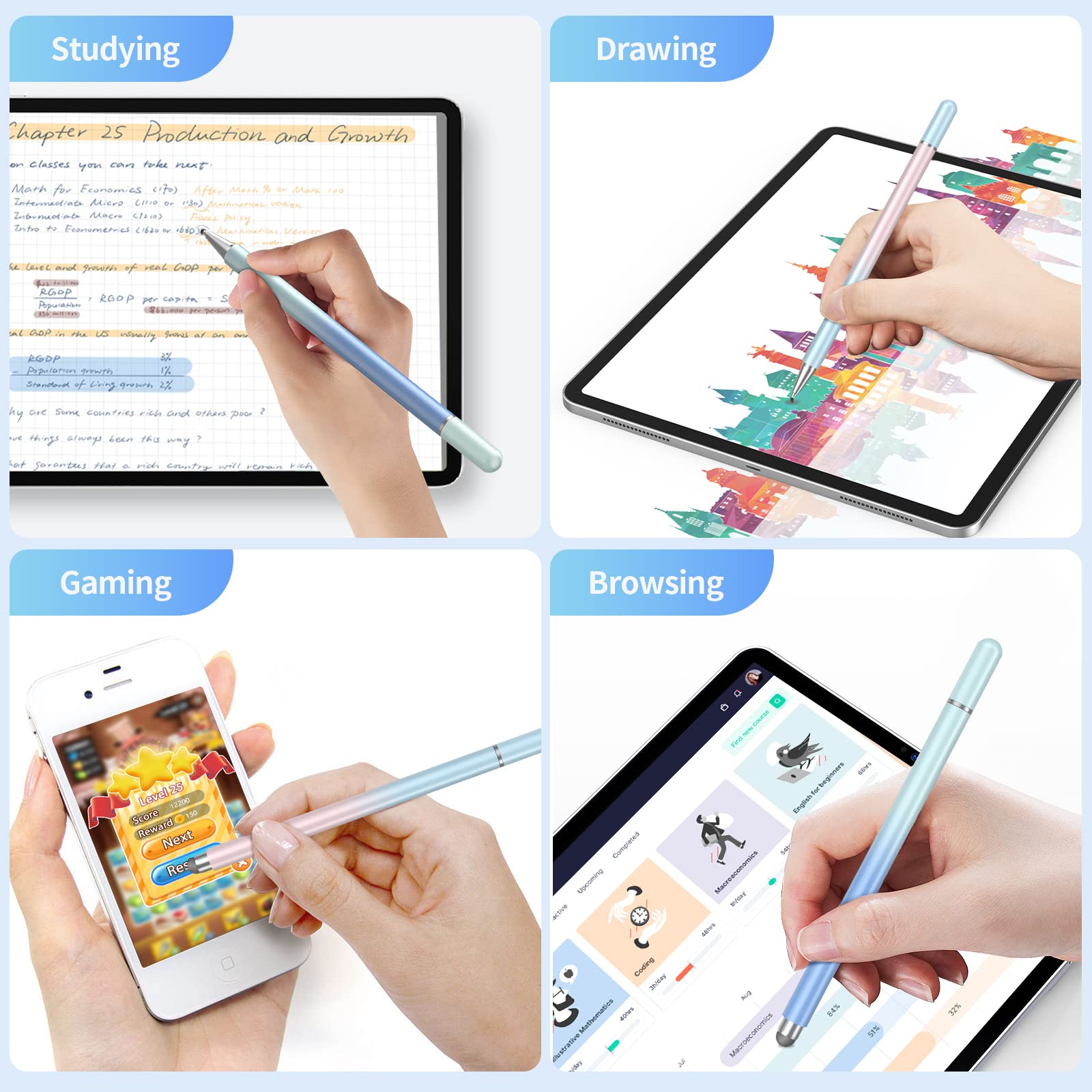 Stylus Pens for Touch Screens(2 Pcs), High Sensitivity 2-in-1 Magnetic Disc Stylus Pen for iPad Compatible with All Capacitive Touch Screens (Blue Pink/Light Green Blue)